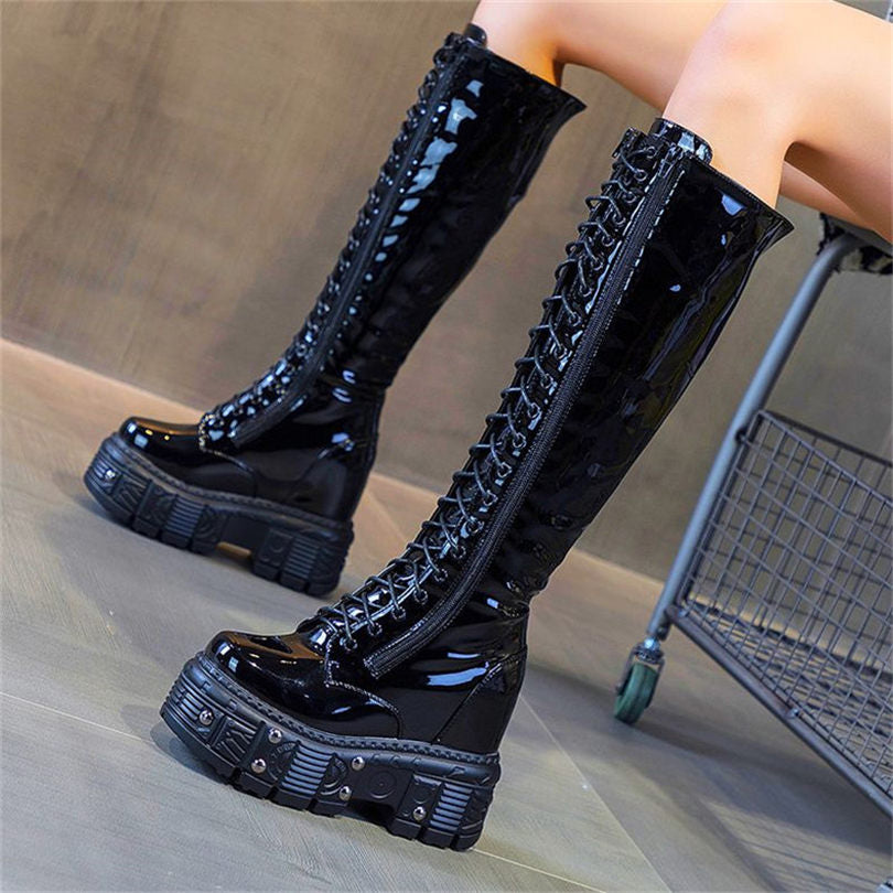 Genuine Leather Knee High Platform Wedge Boots – Queer In The World ...